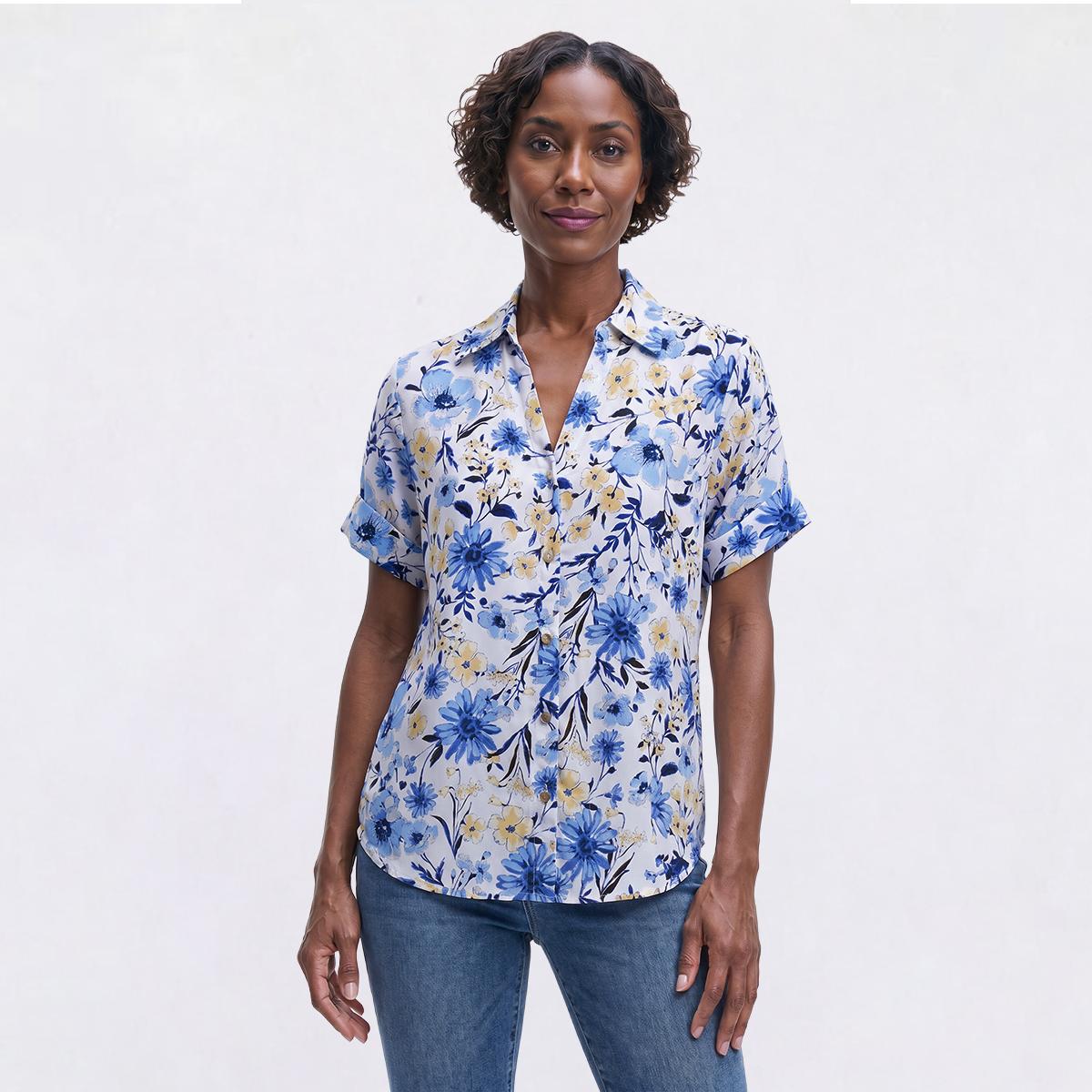 Click here for Womens AK Anne Klein Short Sleeve Button Front Flo... prices